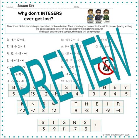 Integer Operations Riddle Activity By Prime Solutions 207 Tpt