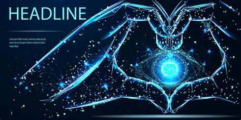 심장 기호를 보여주는 손입니다 벡터 낮은 폴리 와이어 프레임 디지털 비전 벡터 로고 템플릿 개념 그림입니다 추상 인간의 눈