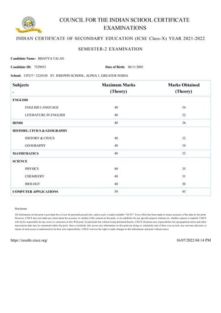 Result Icse Bhavya Talan Pdf Education Result Icse Bhavya Talan Pdf Education