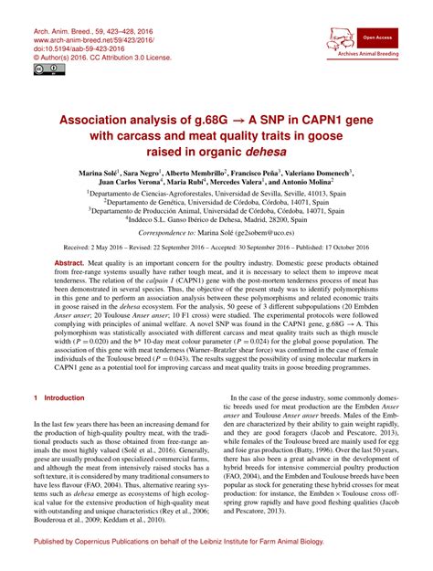 Pdf Association Analysis Of G68g A Snp In Capn1 Gene With Carcass