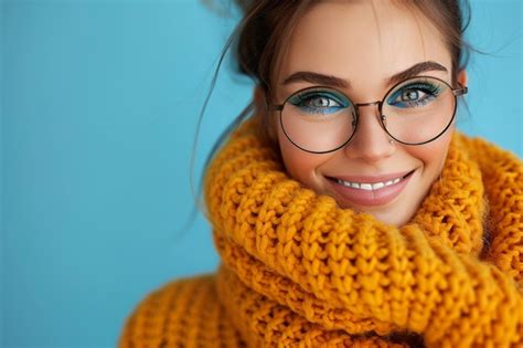 Woman In Optique Glasses With Blue Shadow And Warm Knit Jacket