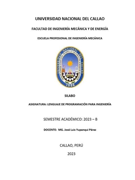 Silabo Lenguaje De Programación 2023b Escuela De Mecanica
