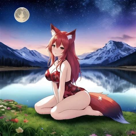 Anime Red Fox Girl Kneeling By The Lake Under The Moon Digital Art