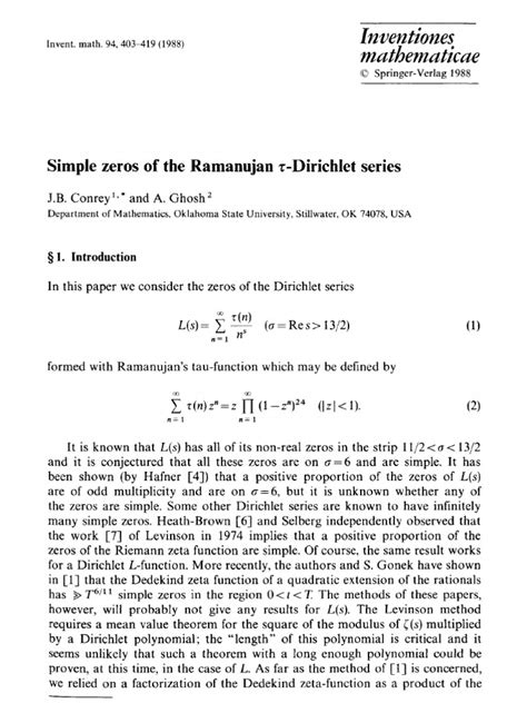 Simple Zeros Of The Ramanujan T Dirichlet Series Pdf Functions And Mappings Complex Analysis