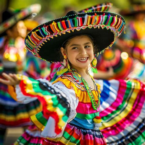 Mexican Young Girl With Colorful Tradition On Display Festival In Colorful Clothing Costume