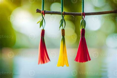 Three Colorful Tassels Hanging From A Branch Ai Generated 30881719