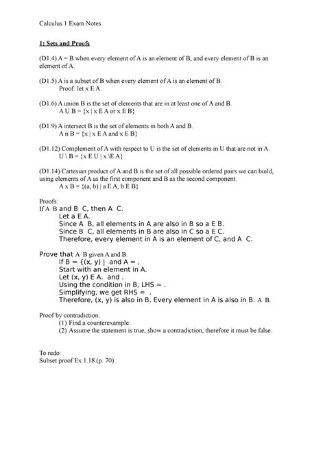 Calc 1 Exam Cheat Sheet 1 Sets And Proofs D1 A B When Every Element Of A Is An Element Of