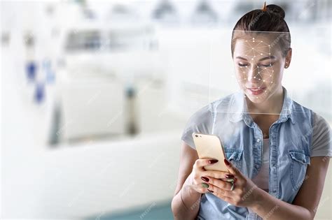 Premium Photo Young Woman Using Face Recognition Via Smart Mobile