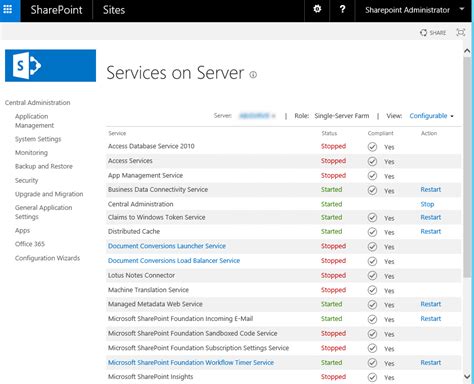 sharepoint 2016 cannot find start or stop options in services on