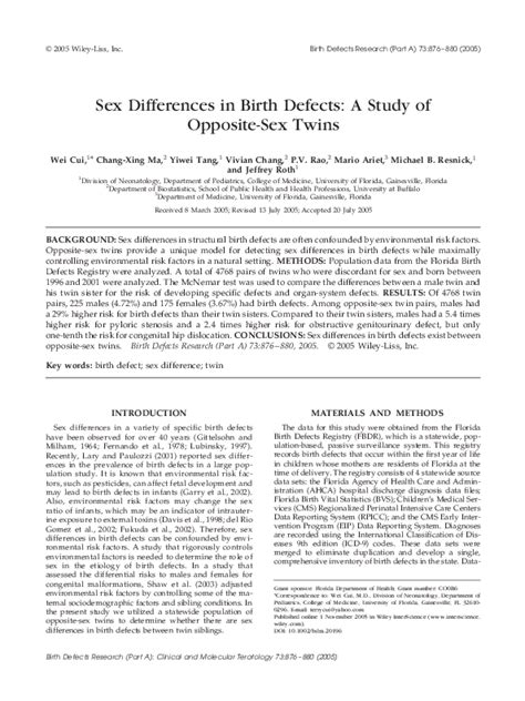 Pdf Sex Differences In Birth Defects A Study Of Opposite Sex Twins