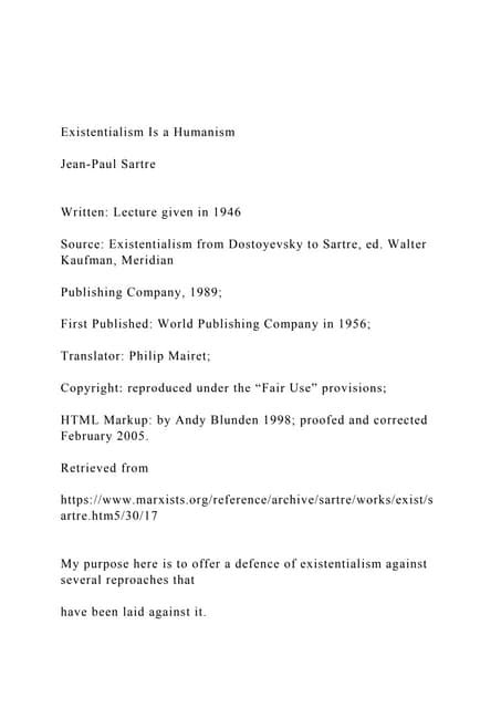 Existentialism Is A Humanism Jean Paul Sartre Writt Docx