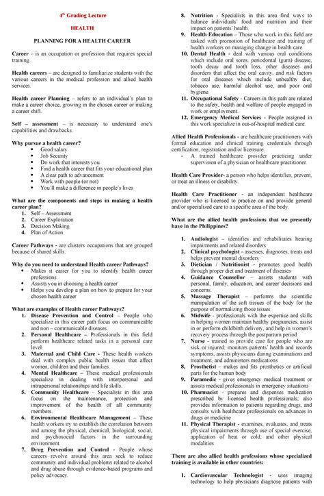 4th Grading Lectures 4 Th Grading Lecture Health Planning For A