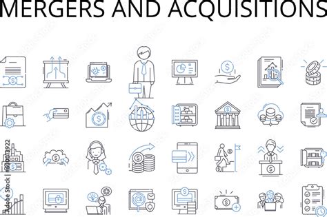 Mergers And Acquisitions Line Icons Collection Consolidation Amalgamation Integration
