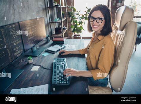 Profile Side View Portrait Of Attractive Cheery Girl Qualified Expert Writing Html Css Php At