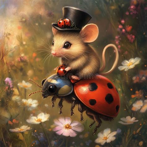 Adorable Mouse With Top Hat Riding A Ladybug In Fantasy Garden Stock