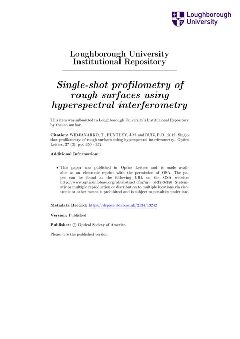 Pdf Single Shot Profilometry Of Rough Surfaces Using Hyperspectral