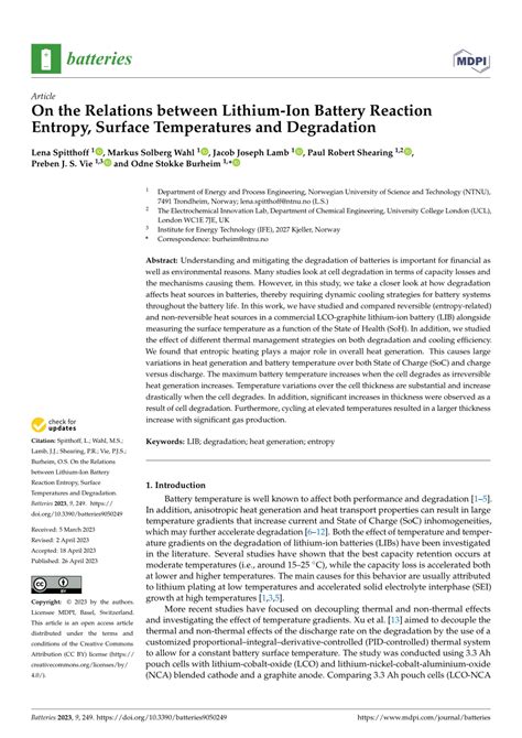 Pdf On The Relations Between Lithium Ion Battery Reaction Entropy