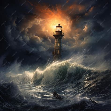 Premium Photo A Lighthouse Caught In The Waves Of The Storm Provides