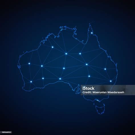 추상 Wireframe 메쉬 다각형 지도 와 호주 와 빛 와 도시 통하고 있는 진한 파란색 배경 벡터 일러스트 레이 션 Eps10 0명에 대한 스톡 벡터 아트 및 기타