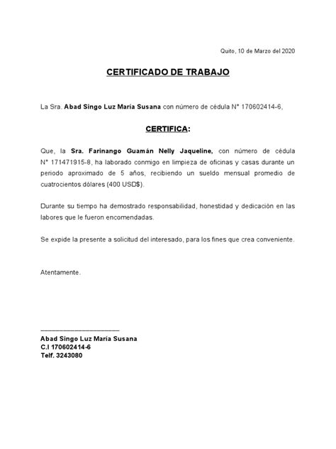 Certificado De Trabajo Pdf