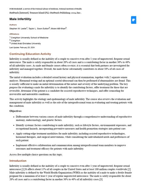 Male Infertility Statpearls Ncbi Bookshelf Pdf Infertility Testicle