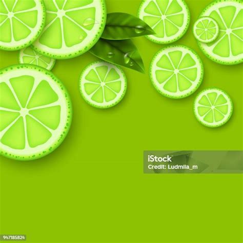 연두색 배경입니다 썬 라임 조각 잎과 물방울 벡터 일러스트입니다 가리기에 대한 스톡 벡터 아트 및 기타 이미지 가리기