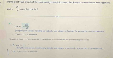 Solved Find The Exact Value Of Each Of The Remaining Trigonometric