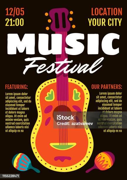 음악 페스티벌 쇼 포스터 또는 초대장 전단지 디자인 서식 파일 어쿠스틱 기타와 검은 배경에 마라 카스 라이브 뮤지컬 파티 콘서트