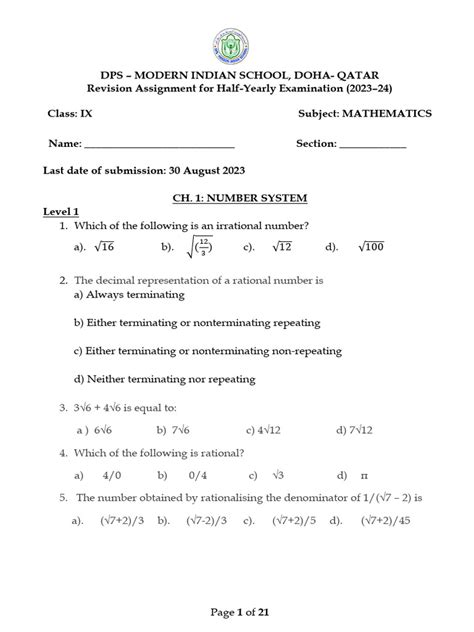 Class Ix Half Yearly Revision Assignment 2023 24 Pdf Cartesian