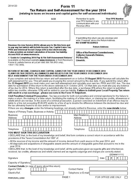Form 11 Tax Return And Self Assessment For The Year 2014 Pdf