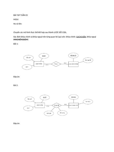 Bai Tap Chuyển Mô Hình Thực Thể Kết Hợp Sau Thành LƯỢc ĐỒ Csdl 1 Pdf