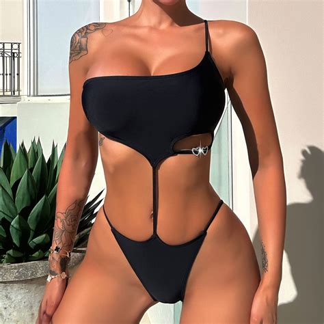 One Shoulder Cutout String Cheeky Monokini Brazilian One Piece Swimsui