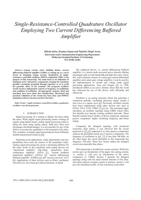 Pdf Single Resistance Controlled Quadrature Oscillator Employing Two Current Differencing
