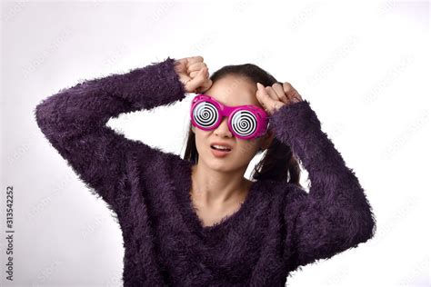 Confused And Dizzy Asian Woman Wear Funny Glasses Girls Face