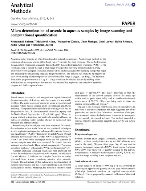 Pdf Micro Determination Of Arsenic In Aqueous Samples By Image Scanning And Computational