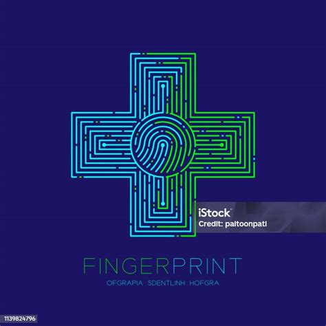 크로스 사인 모양 지문 패턴 로고 대시 라인 안전 기술 개념 디자인 편집 가능한 스트로크 그림 파란색과 녹색 지문 텍스트와 어두운 파란색 배경에 고립 벡터 Eps 개성