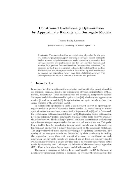 Pdf Constrained Evolutionary Optimization By Approximate Ranking And Surrogate Models