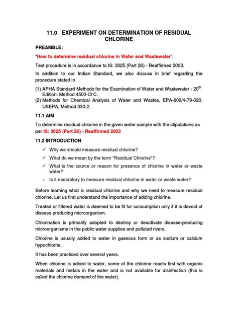 Determination Of Residual Chlorine In Water Pdf