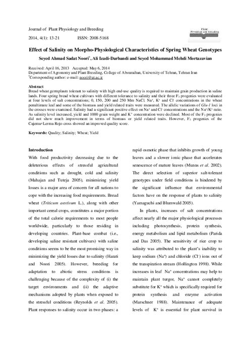 Pdf Effect Of Salinity On Morpho Physiological Characteristics Of Spring Wheat Genotypes