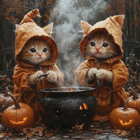 Two Kittens In Halloween Costumes Stirring A Cauldron Stock Image