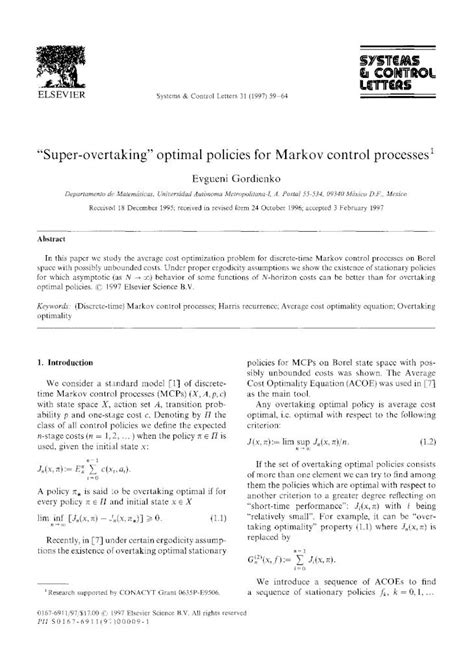 Pdf Super Overtaking” Optimal Policies For Markov Control Processes