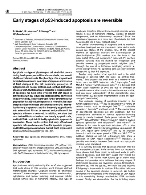 Pdf Early Stages Of P53 Induced Apoptosis Are Reversible