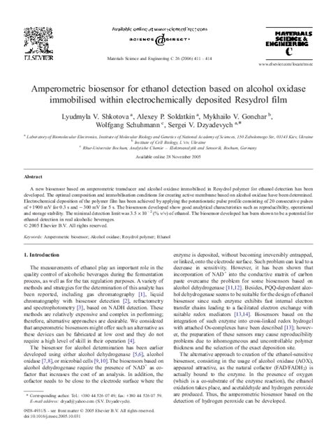 Pdf Amperometric Biosensor For Ethanol Detection Based On Alcohol Oxidase Immobilised Within