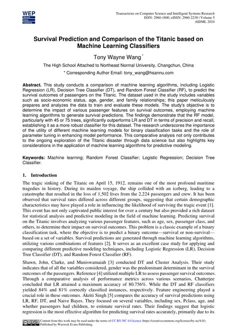 Pdf Survival Prediction And Comparison Of The Titanic Based On Machine Learning Classifiers