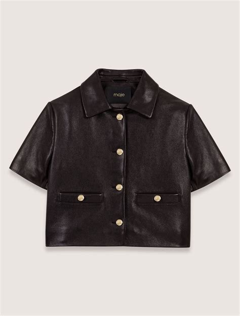 Cropped Leather Jacket Black Gray For Women Maje