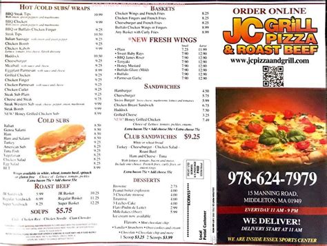 Online Menu Of Jc Grill And Pizza At Essex Sports Center Restaurant Middleton Massachusetts