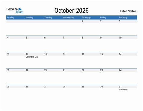October 2026 Monthly Calendar With United States Holidays