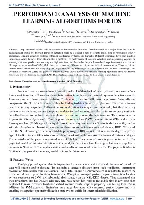 pdf performance analysis of machine learning algorithms for ids