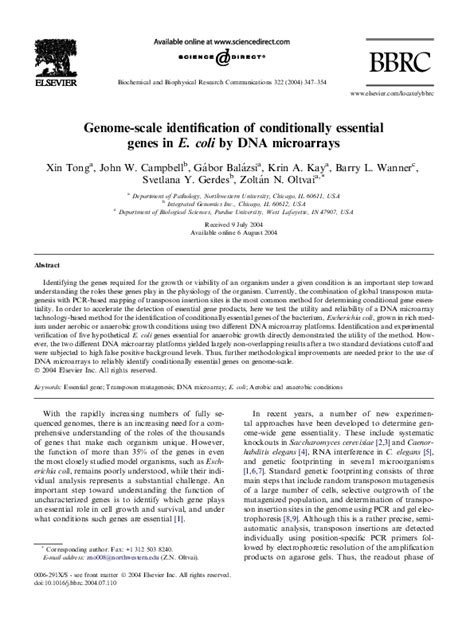 Pdf Genome Scale Identification Of Conditionally Essential Genes In E Coli By Dna Microarrays