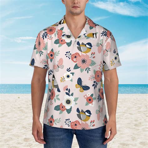 Beach Hawaiian Shirt For Men With Pocket Rose Flowers Butterfly Bird